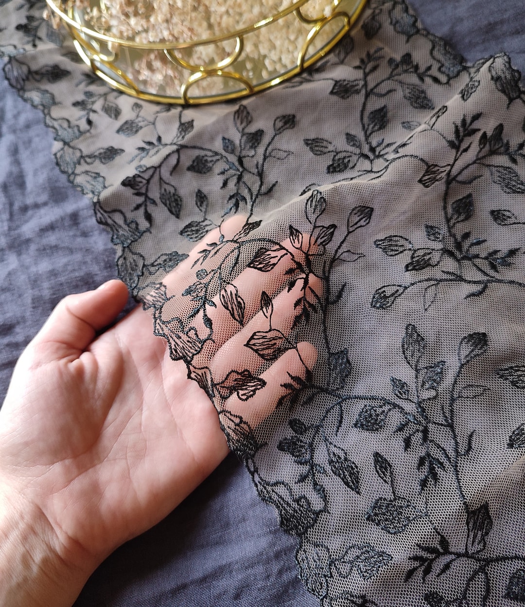 Transparent Lace With Black Embroidery, Mesh Embroidery, Invisible Lace ...
