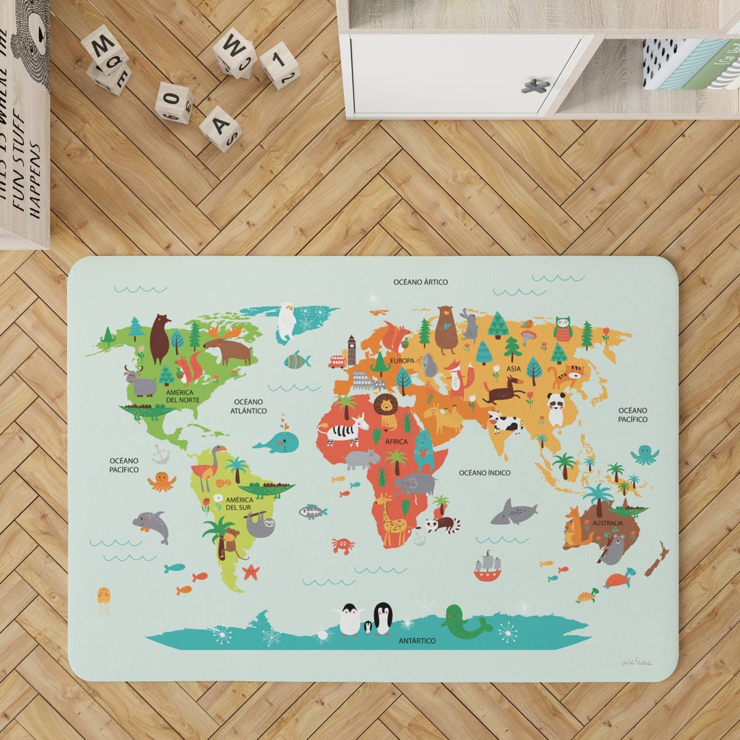 World Map Vinyl Rug Floor Vinyl Kids Children's Rug World Map Colors ...
