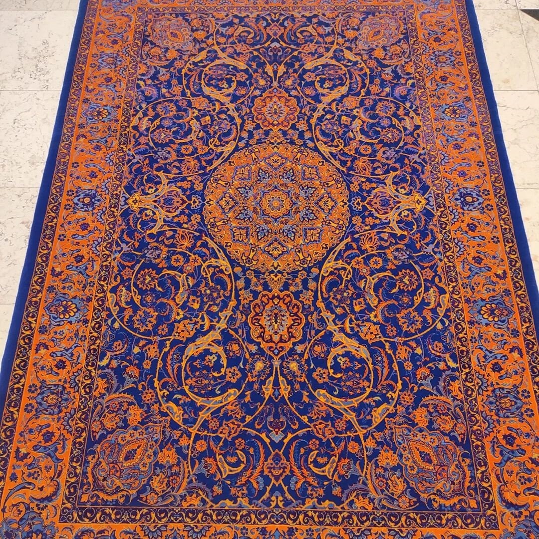 Vintage Unique Real Pure Silk Rug, Indigo Blue on Orange, Wave Pattern ...