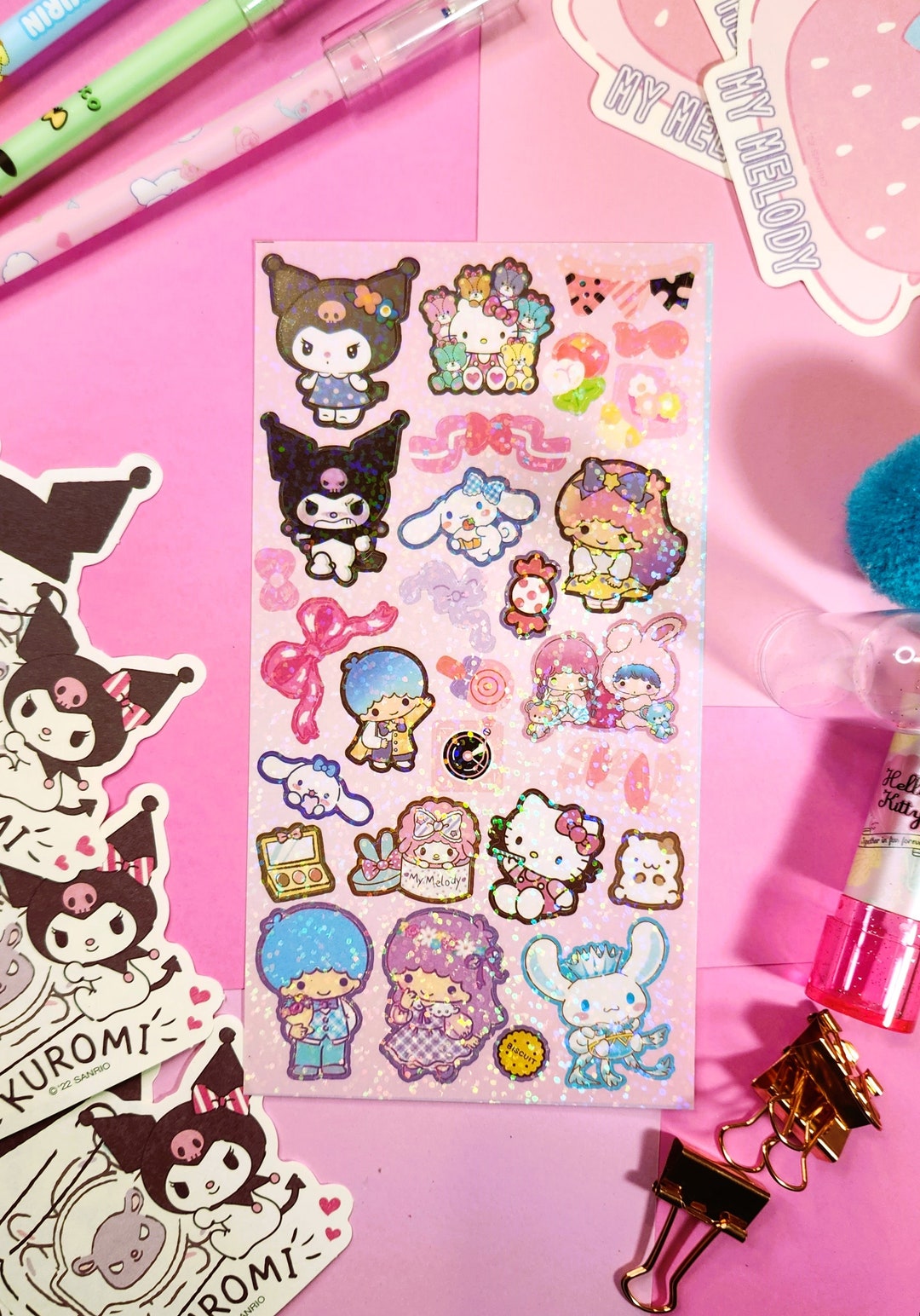 Cute Glitter Holographic Stickers Featuring Kawaii Kitty & Friends ...