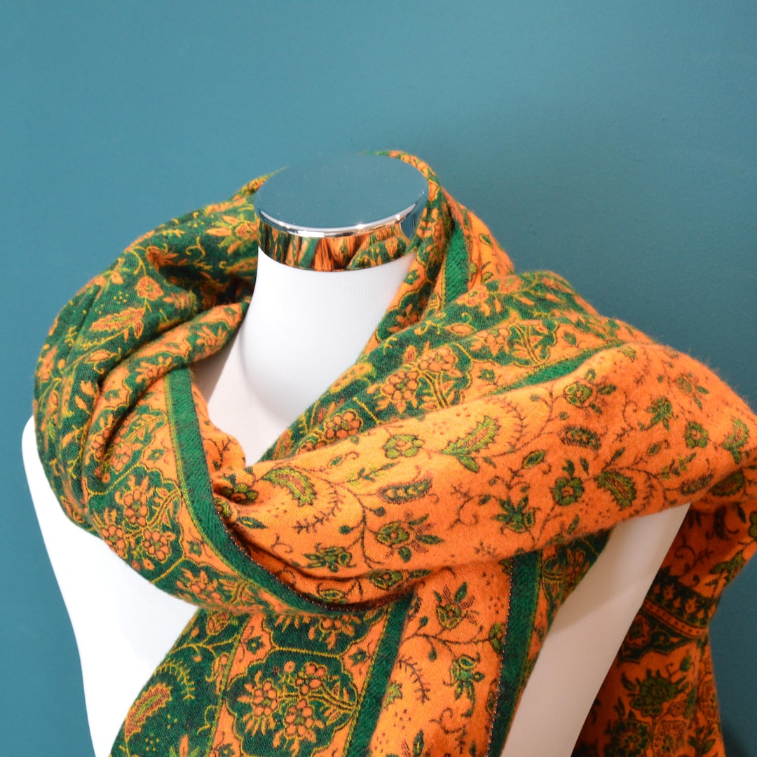 TIBET Scarf Made of Yak Wool Mix in Fine Floral Pattern No. 35, Green ...