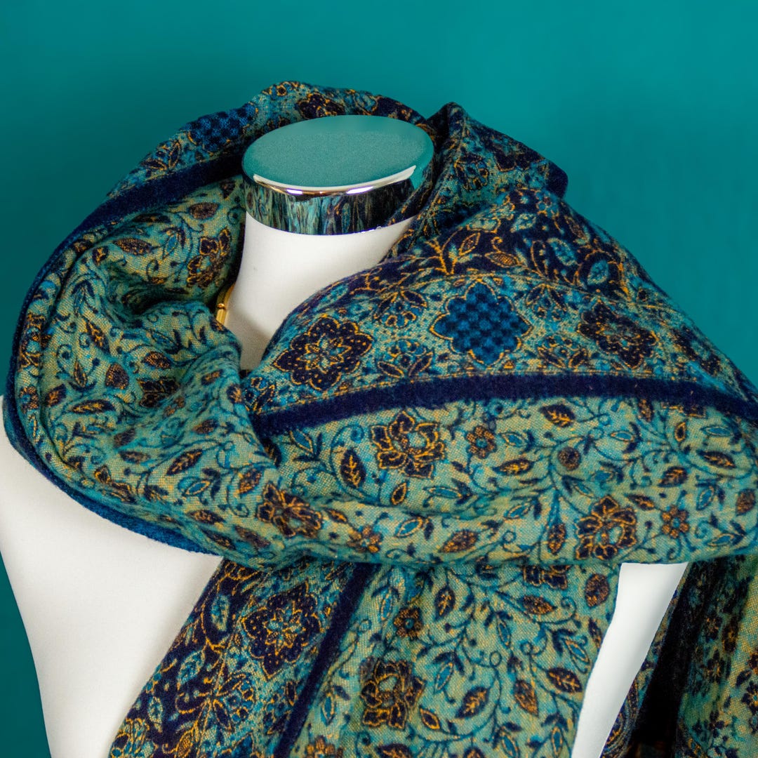 TIBET Scarf Made of Yak Wool Mix in a Fine Floral Pattern, Blue, No. 65 ...