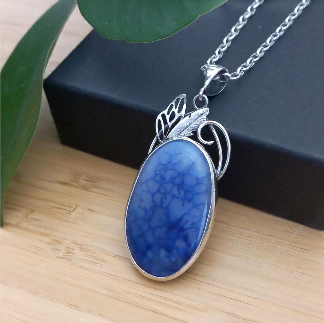 Blue Dragon Agate Necklace ~ Silver Pendant With Blue Stone ~ Large 925 ...