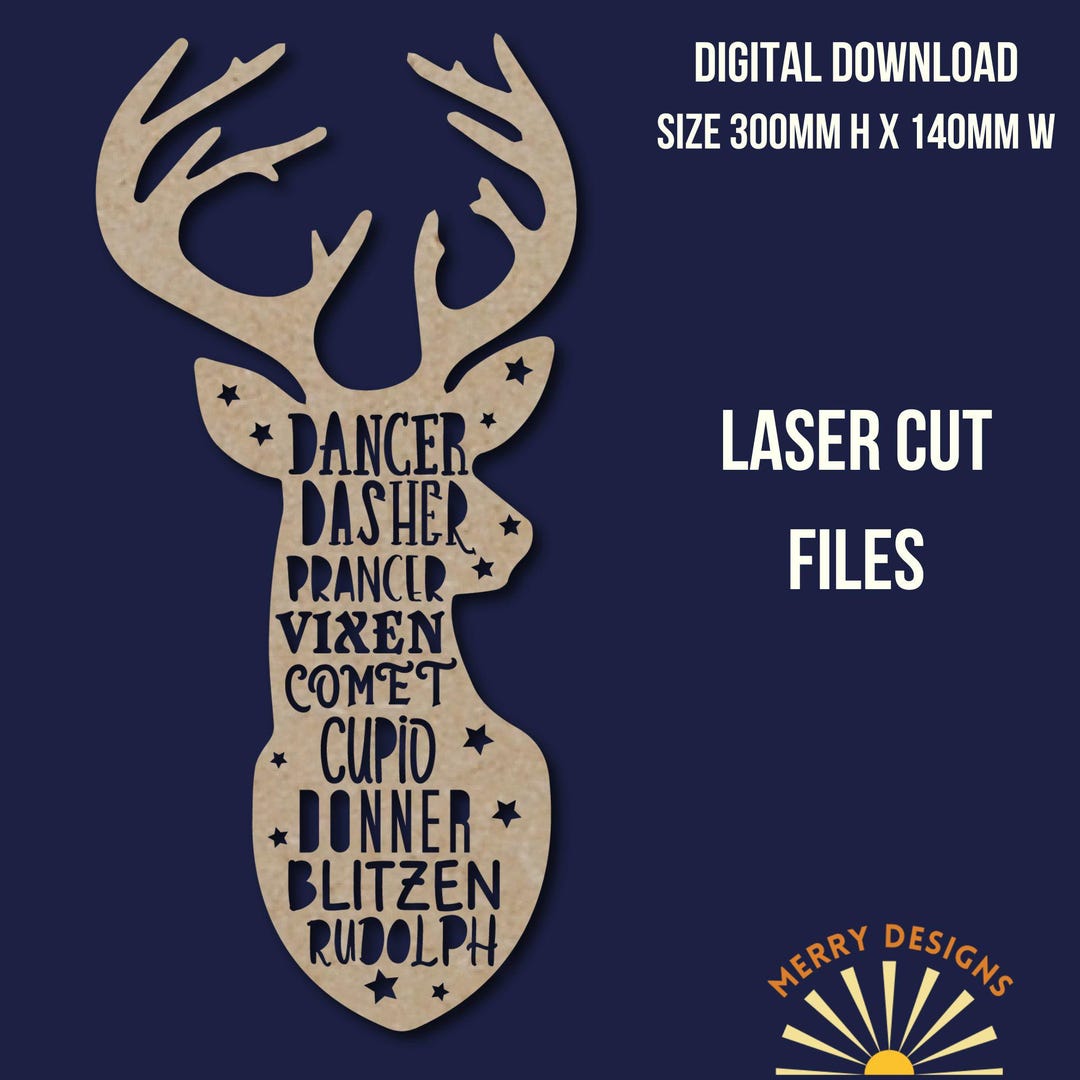 Reindeer Names Stag Head Sign Cut Files, Svg Dxf Eps Pdf Design ...