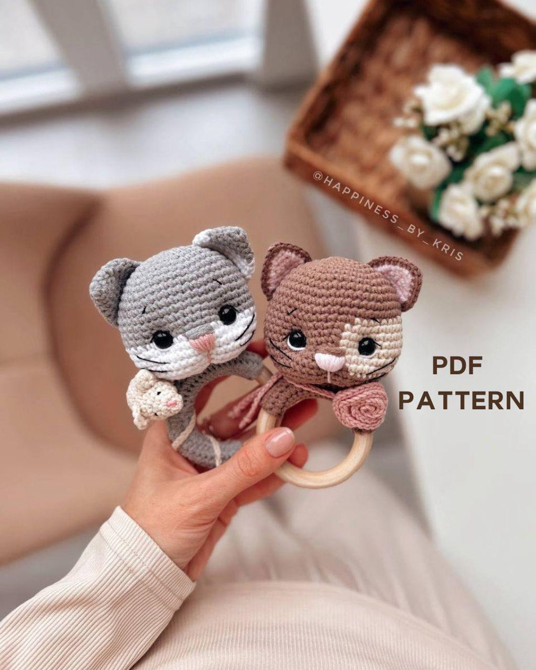 Kittens With a Little Mouse Rattle Crochet Pattern, Grey and Brown ...