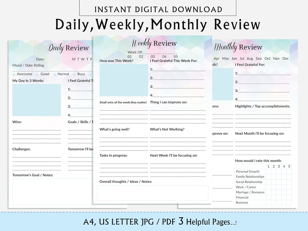 Printable Daily Review, Weekly Review Journal, Monthly Review Worksheet ...
