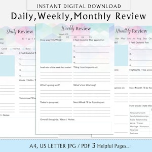 Printable Daily Review, Weekly Review Journal, Monthly Review Worksheet ...