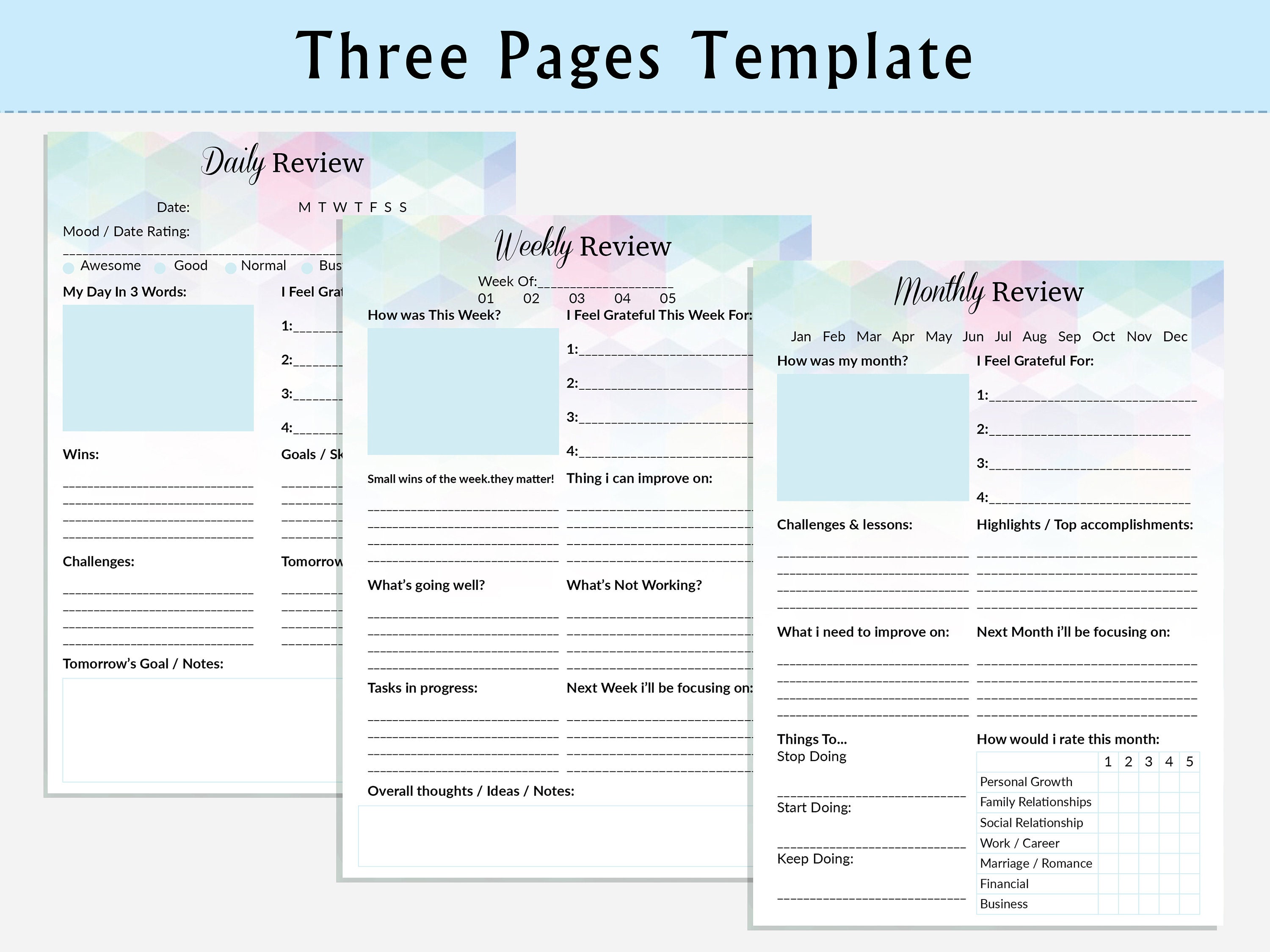 Printable Daily Review, Weekly Review Journal, Monthly Review Worksheet ...