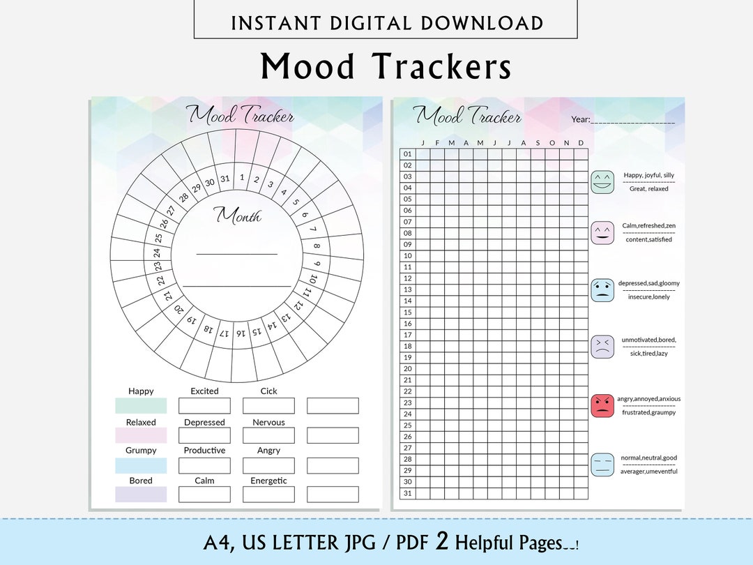 Printable Mood Tracker, Monthly Yearly Mood Chart, Bullet Journal, Mood ...