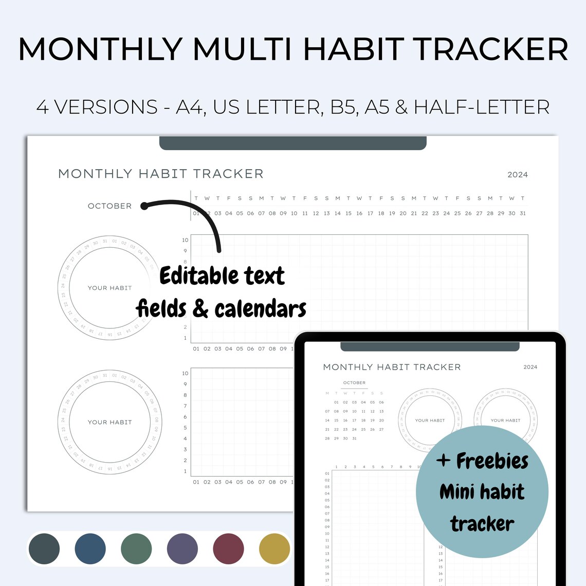 Printable & Digital Monthly Habit Tracker Minimalist, Editable Multiple ...
