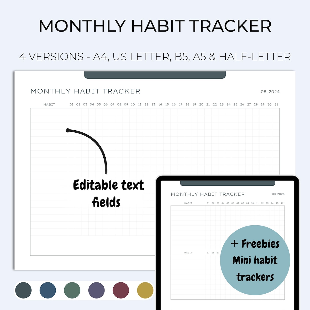 Printable & Digital Monthly Habit Tracker Minimalist, Editable Monthly ...