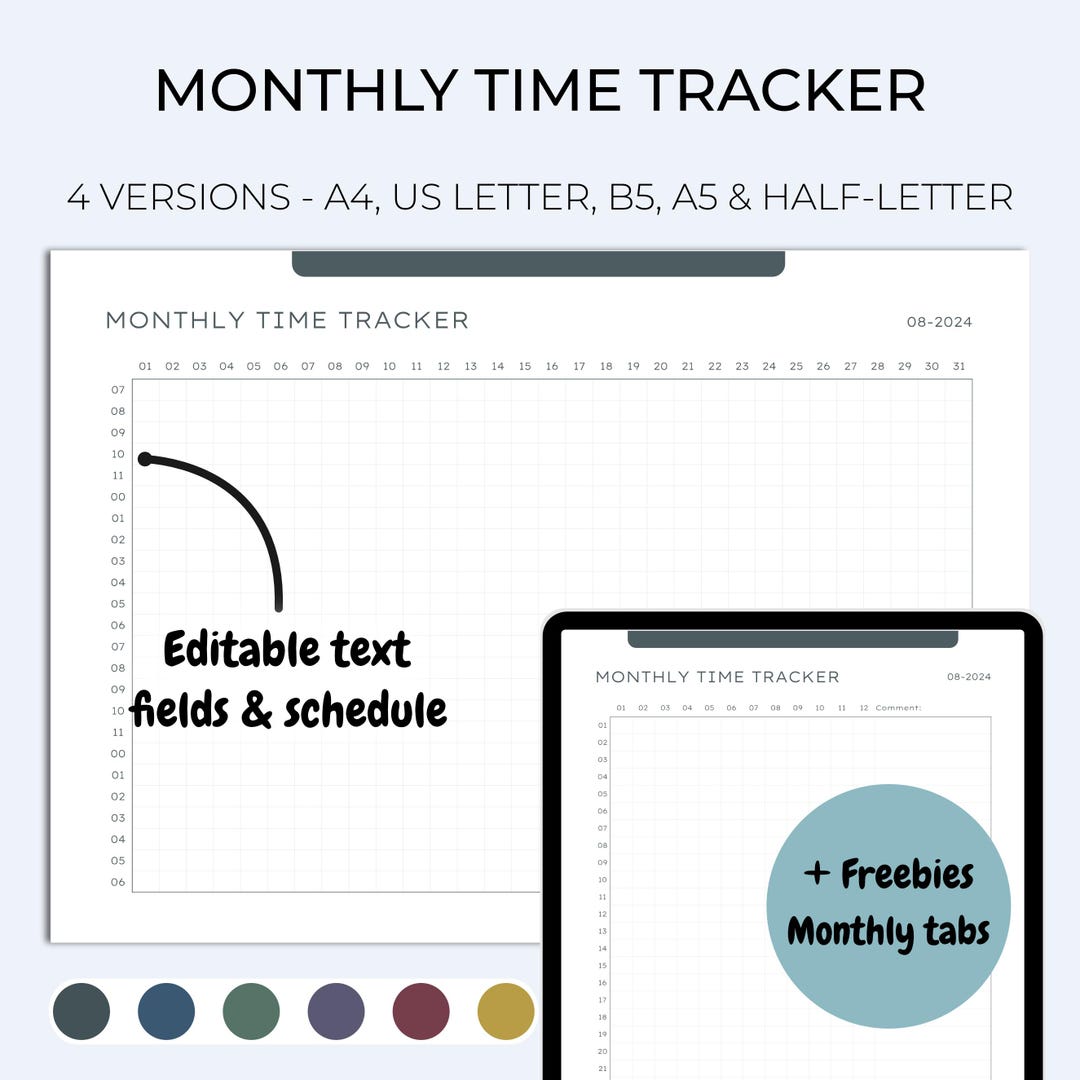 Monthly Time Tracker Printable and Digital, 24 & 12 Hours, Activity ...