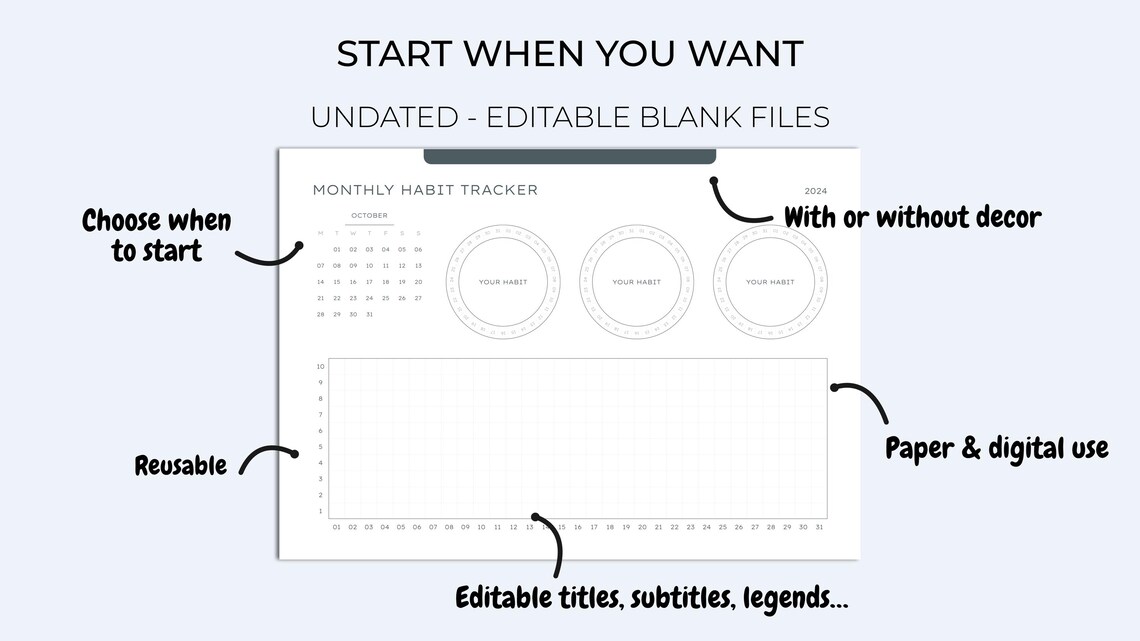 Printable & Digital Monthly Habit Tracker Minimalist, Editable Multiple ...