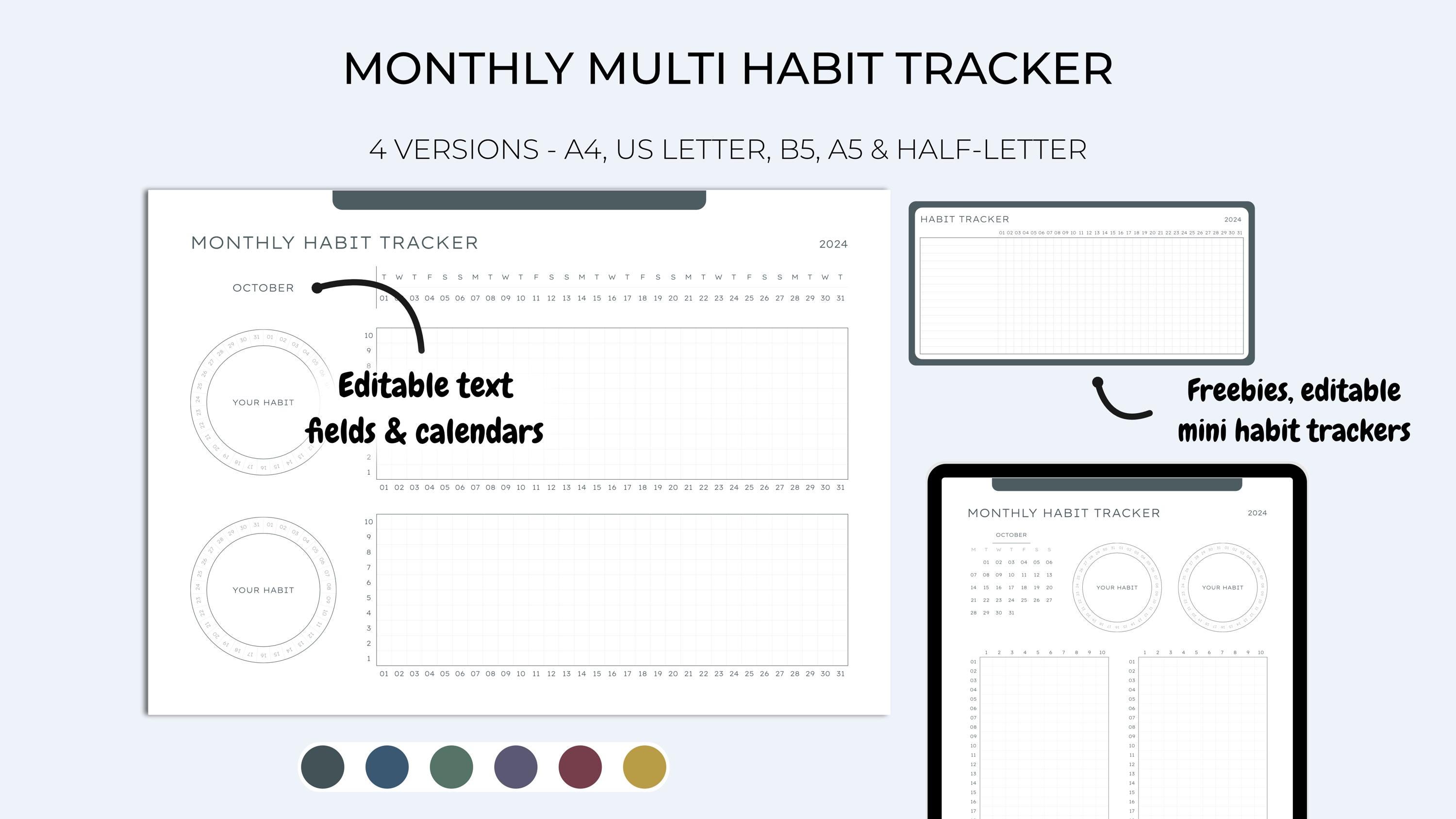 Printable & Digital Monthly Habit Tracker Minimalist, Editable Multiple ...