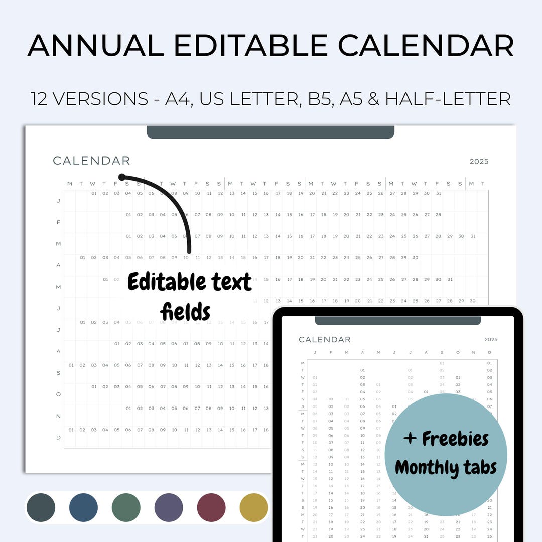 Printable & Digital Annual Calendar Minimalist, Editable Perpetual ...