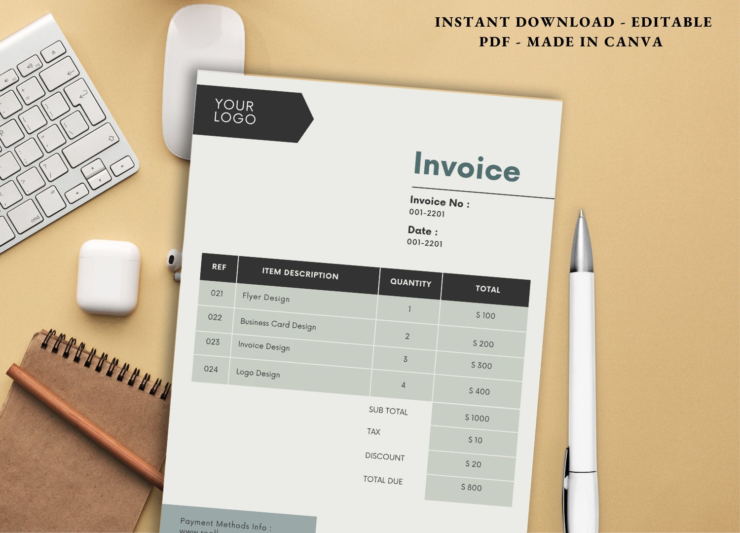Grey Payment Invoice Invoice Customizable Invoice Small - Etsy