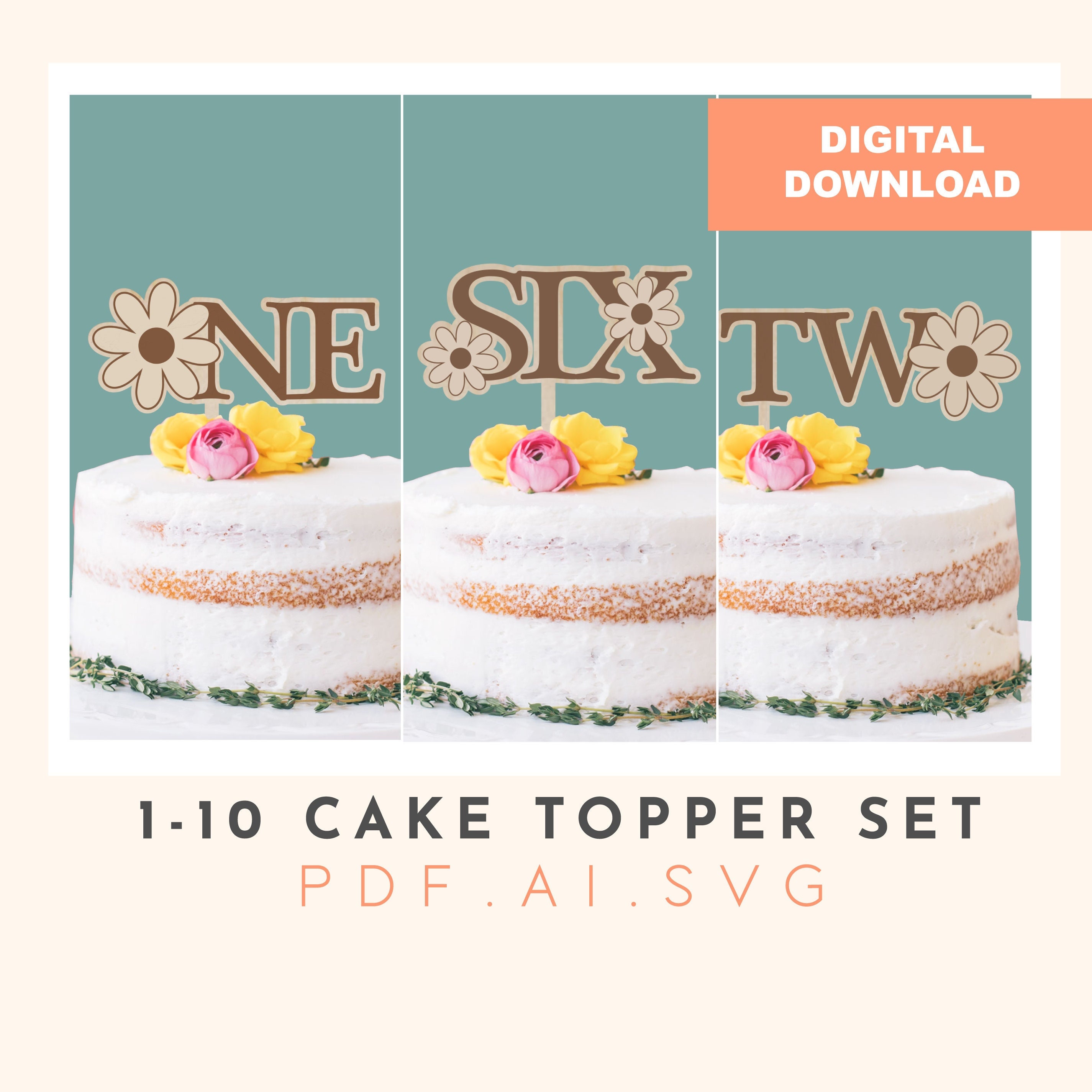 Set of 10 Daisy Number Cake Topper Bundle, Birthday Cake Toppers Svg ...