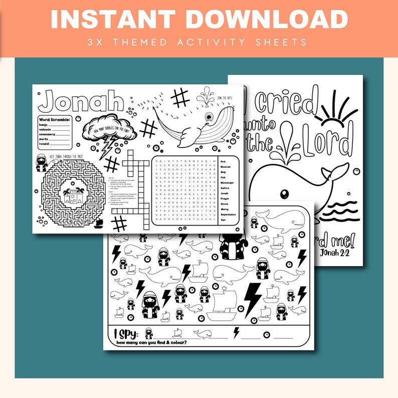 Jonah Bible Story Activity Sheet: I Spy & Coloring (digital Download ...