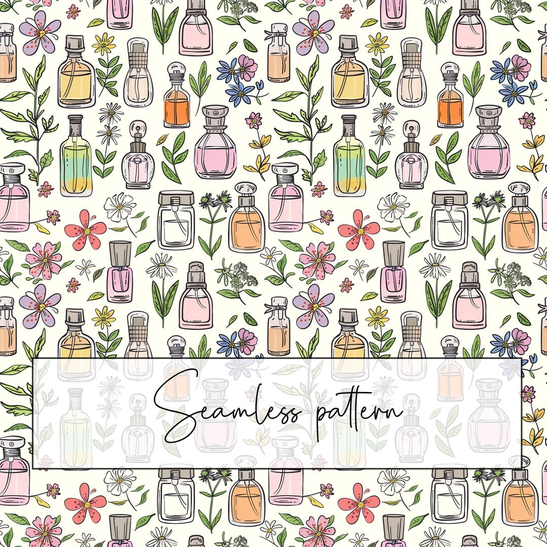 Floral Perfume Seamless Pattern, Elegant Colorful Perfume Bottle Doodle ...