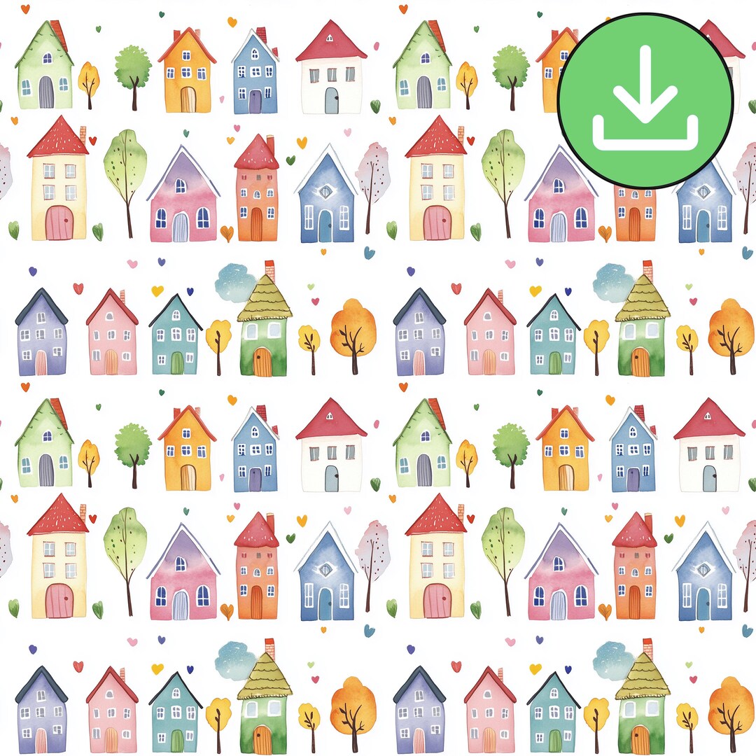 Colorful House Row Seamless Pattern, Watercolor Multicolor Cute Houses ...