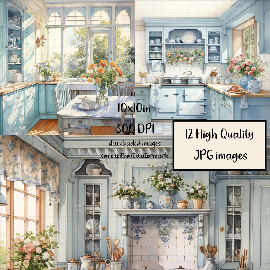 Vintage Blue Kitchen, Bundle of 12 JPG Clipart, Watercolour, Cottage ...