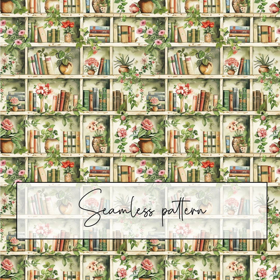 Green Bookcase Seamless Pattern, Book Shelf With Plants Repeat Pattern ...