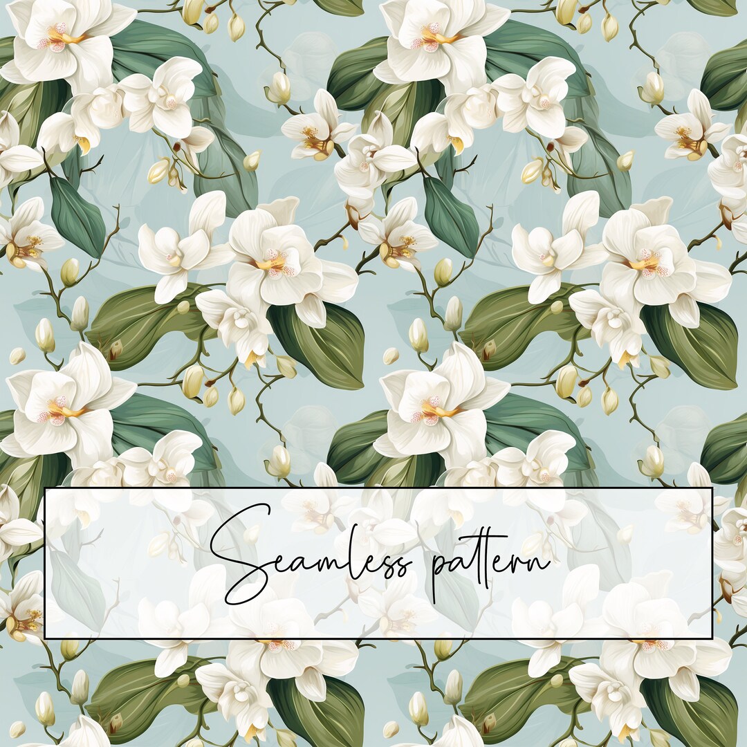 White Orchid Seamless Pattern, Oriental Flower Repeat Pattern, Fabric ...