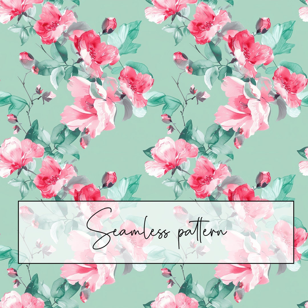 Watercolor Pink Flower Seamless Pattern, Light Green Mint Background ...