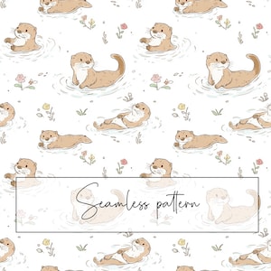 Cute Hand Drawn Otters Seamless Pattern, Light Minimalist Otter Repeat ...