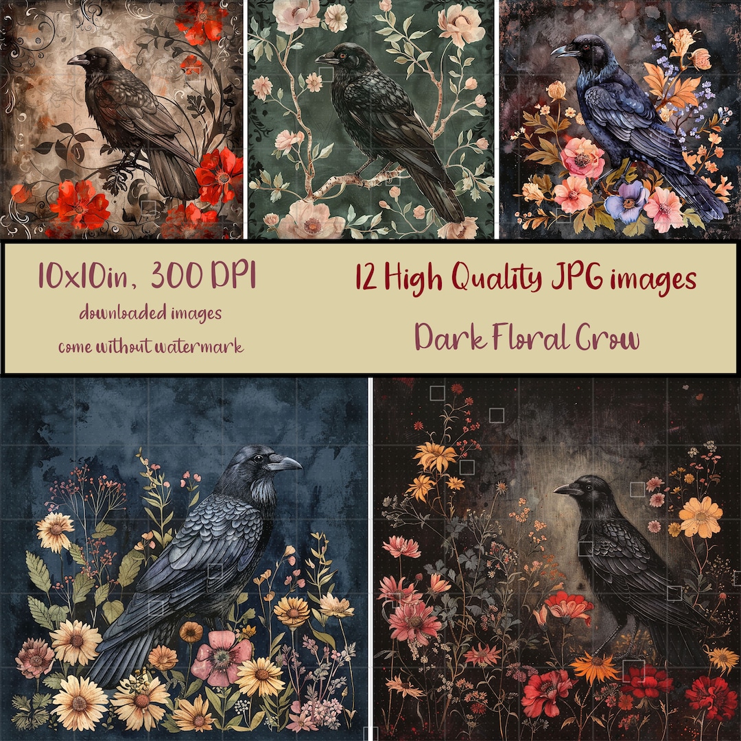 Crow With Flowers Bundle of 12 JPG Images, Dark Floral Crow Art, Black ...