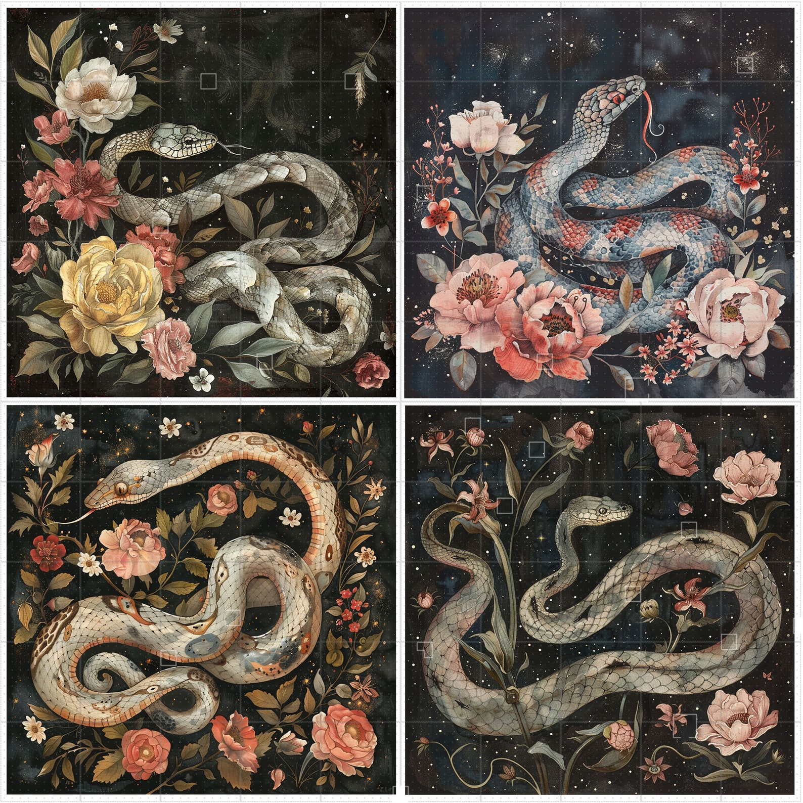 Dark Floral Snake Bundle of 16 JPG Images, Watercolor Snake With ...