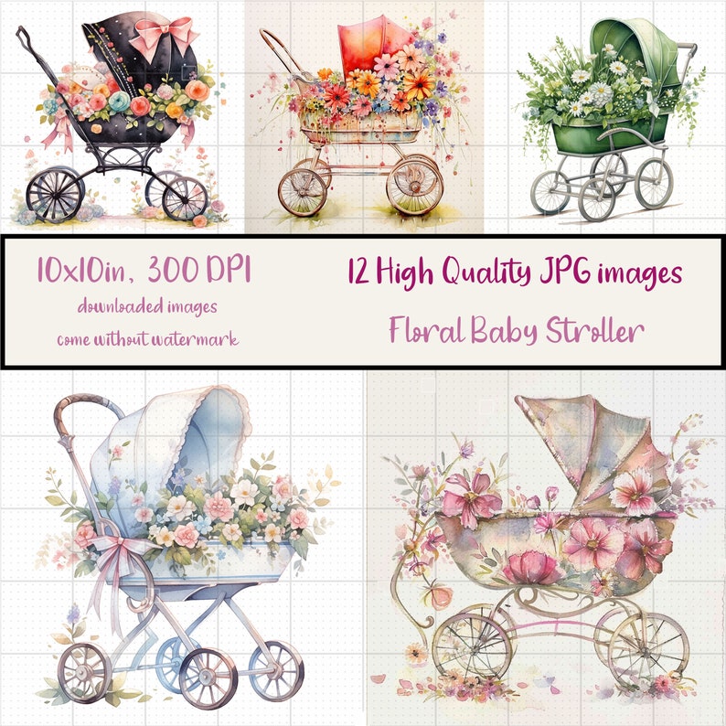 Floral Baby Stroller Bundle of 12 JPG Images, Vintage Baby Pram With ...