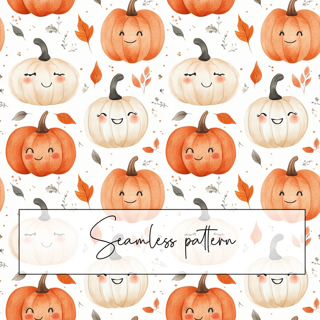 Cute Smiley Face Pumpkin Seamless Pattern, Light Adorable Autumn Fall ...