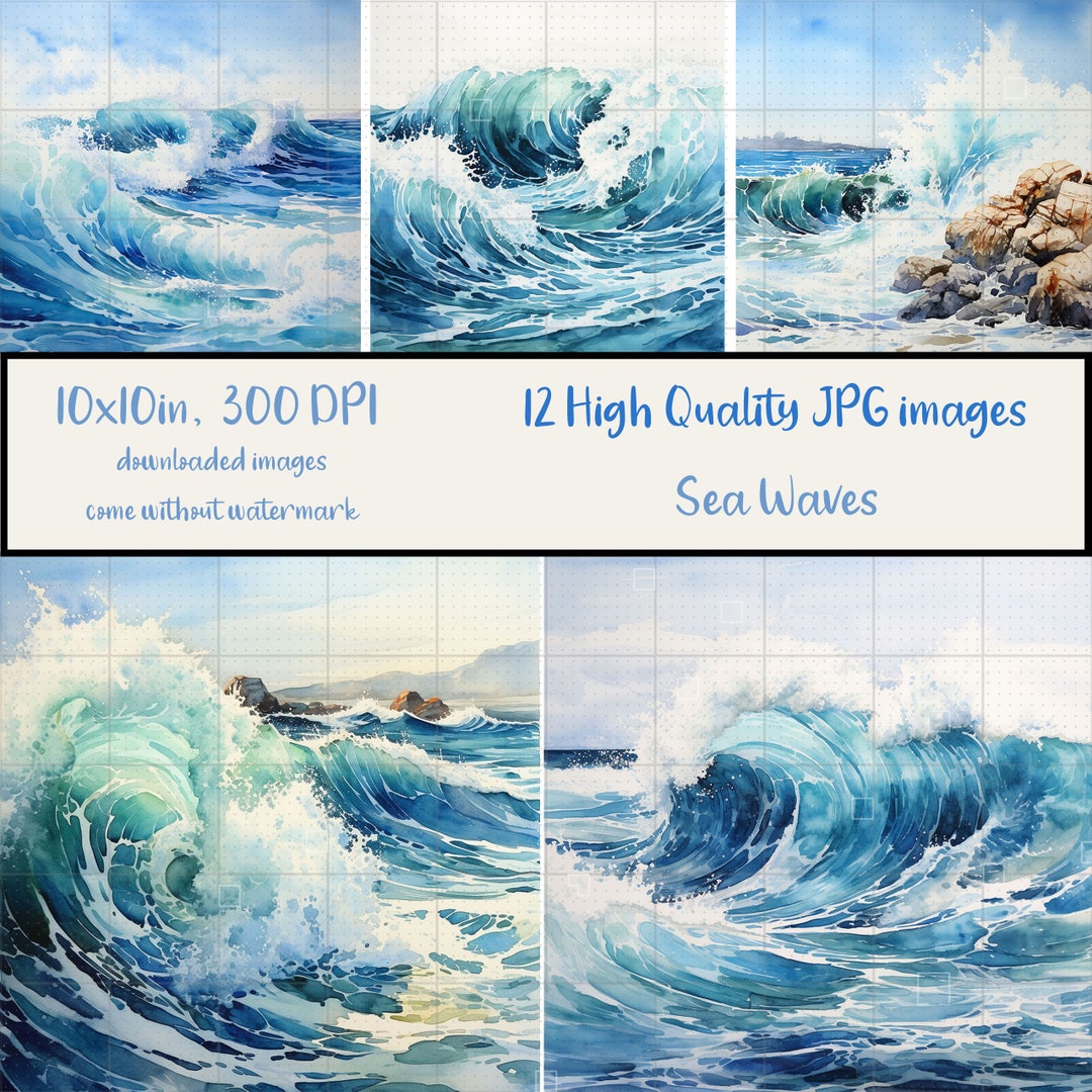Sea Waves Bundle of 12 JPG Clipart, Watercolor Ocean Waves, Printable ...