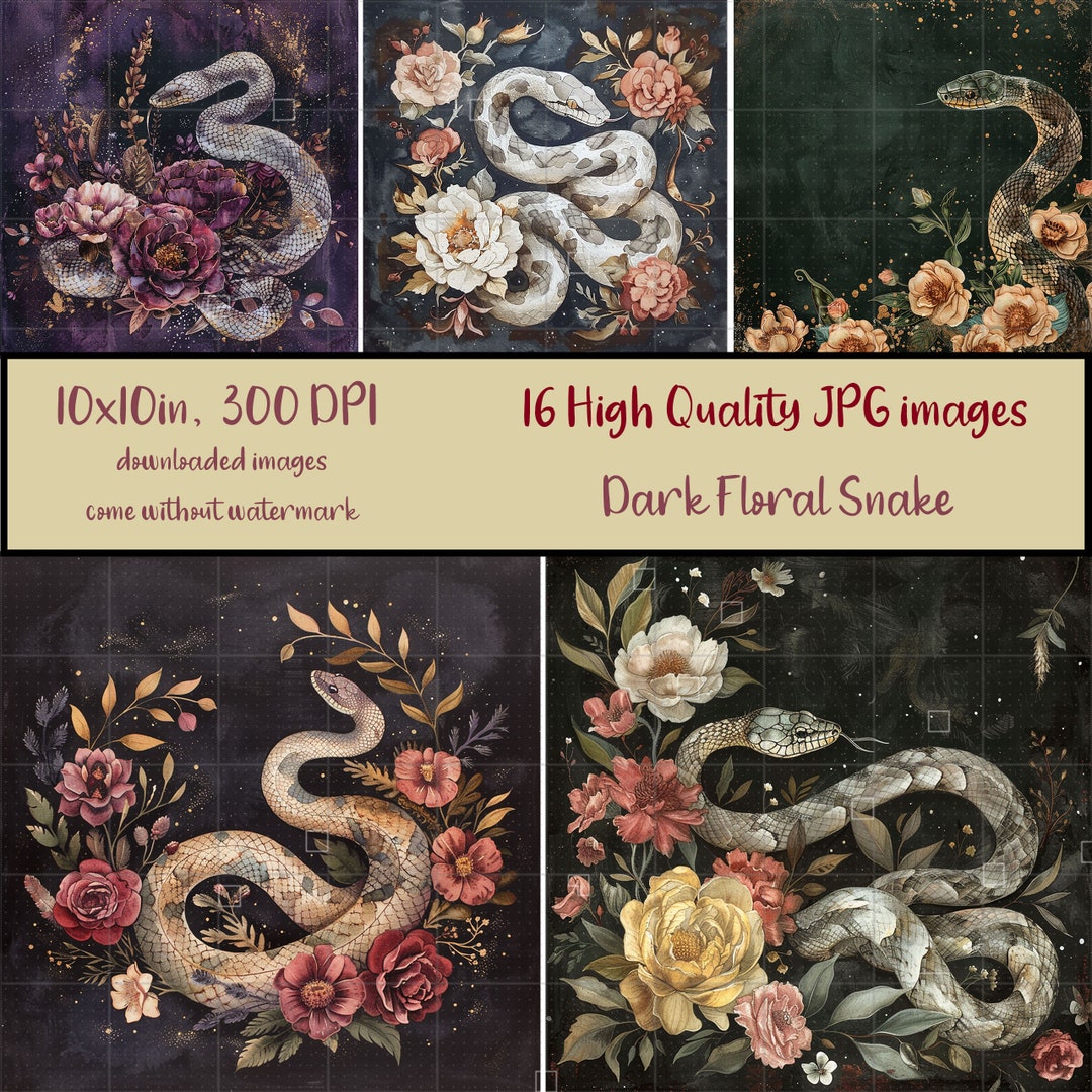 Dark Floral Snake Bundle of 16 JPG Images, Watercolor Snake With ...