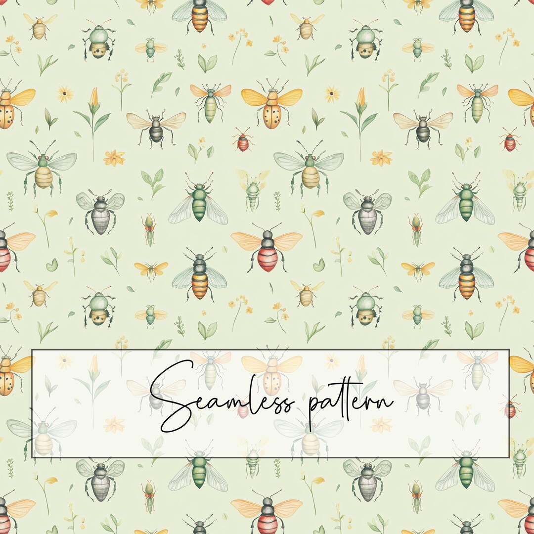 Pastel Color Bugs Seamless Pattern, Beetles Bugs Insects Light Green ...