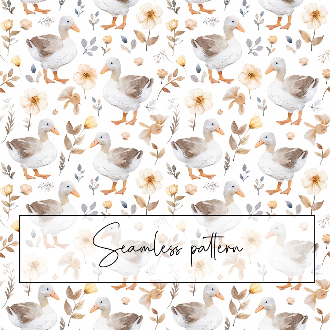 Cartoon Floral White Goose Seamless Pattern, Watercolor Flowers Repeat ...