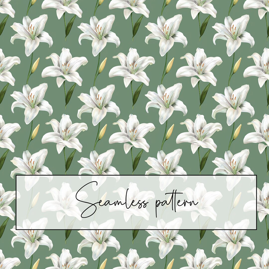 White Lily Seamless Pattern, Lily Green Background Repeat Pattern, Card ...