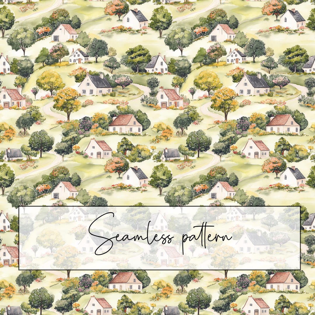 Village Houses Seamless Pattern, Countryside Landscape House Hills ...
