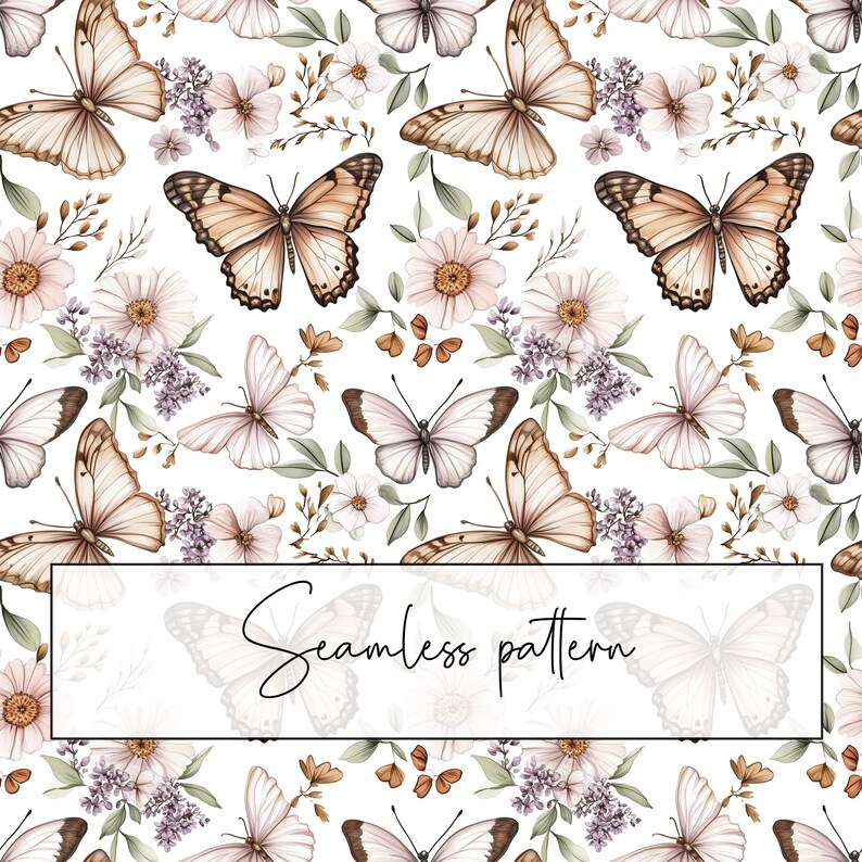 Neutral Butterfly Seamless Pattern, Boho Floral Butterfly Repeat ...