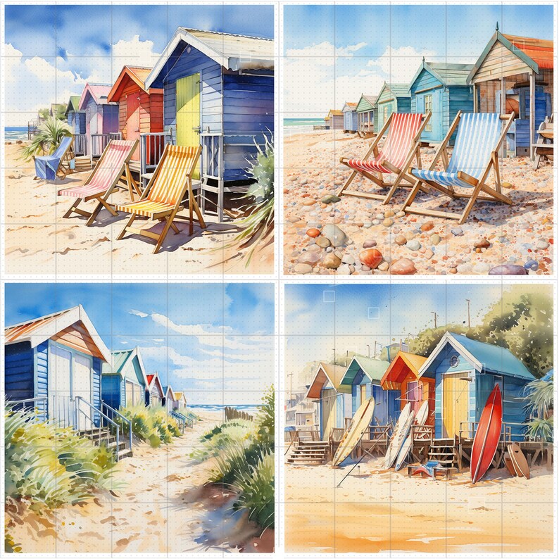 Beach Hut Row, Bundle of 12 JPG Clipart, Watercolour, Colourful Beach ...