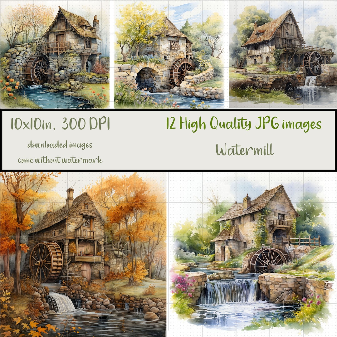 Watermill Bundle of 12 JPG Clipart, Watercolor Water Mill House ...