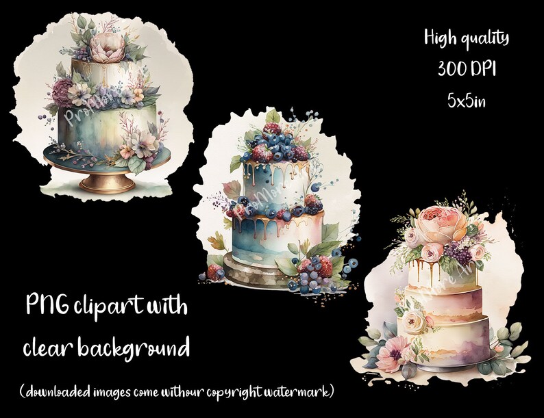 Watercolour Wedding Cake PNG, Wedding Cake Bundle Clipart, Floral Cake ...