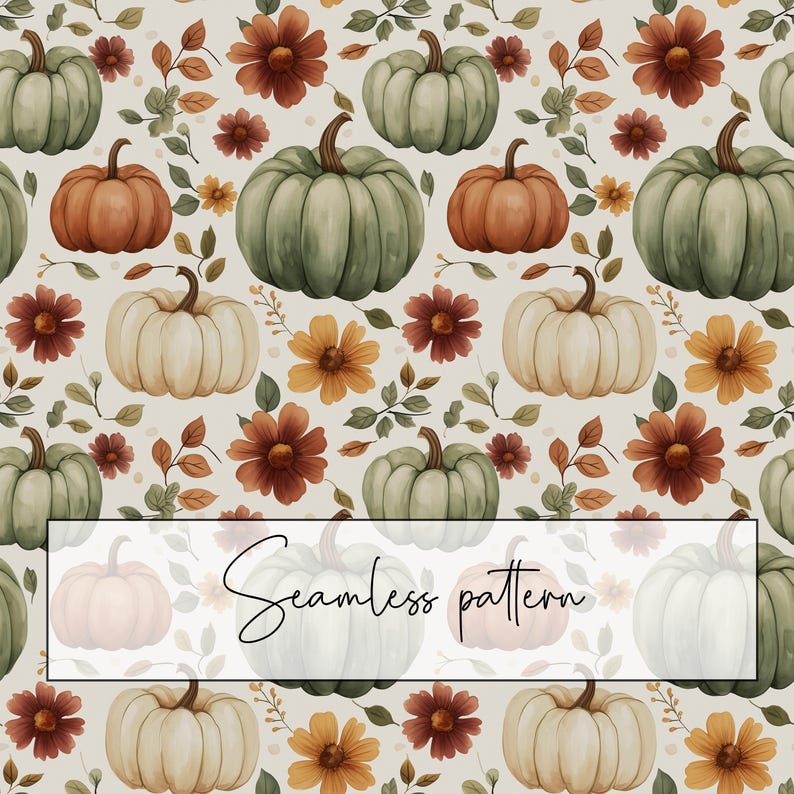 Moody Fall Pumpkin Floral Seamless Pattern, Brown and Green Autumn ...