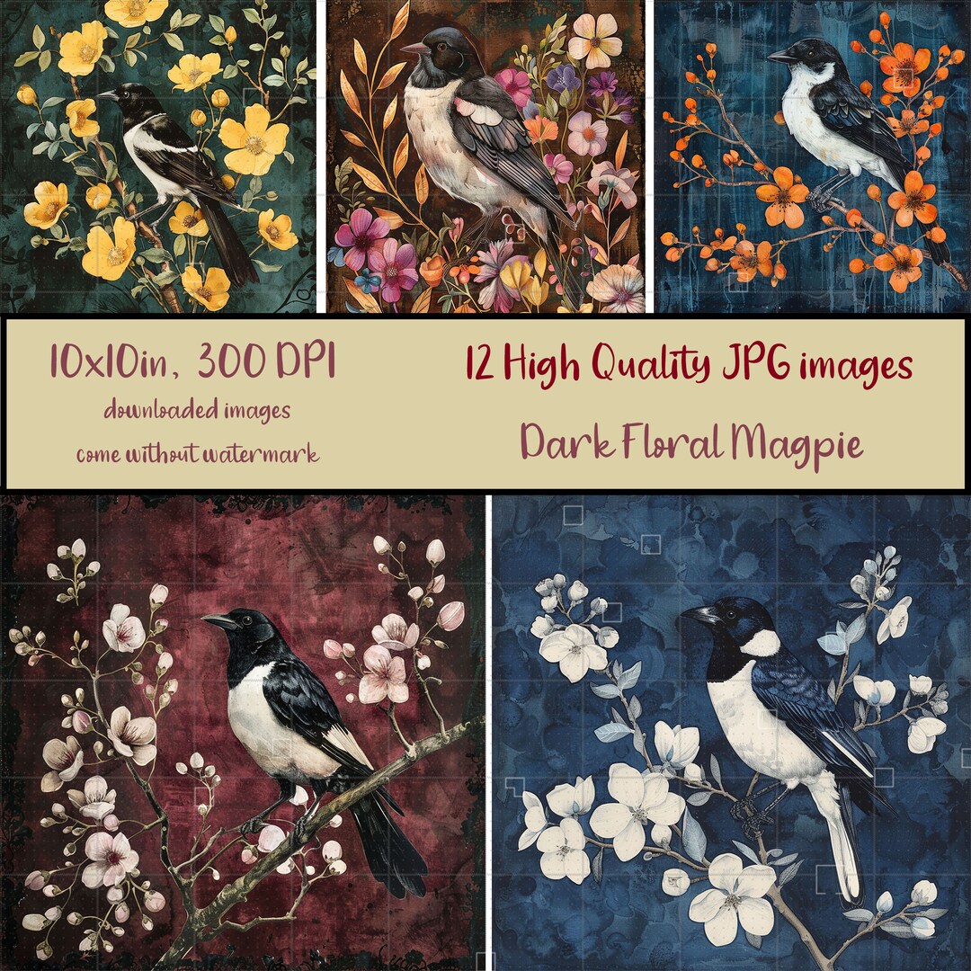 Dark Floral Magpie Bundle of 12 JPG Images, Magpie Bird With Flowers ...