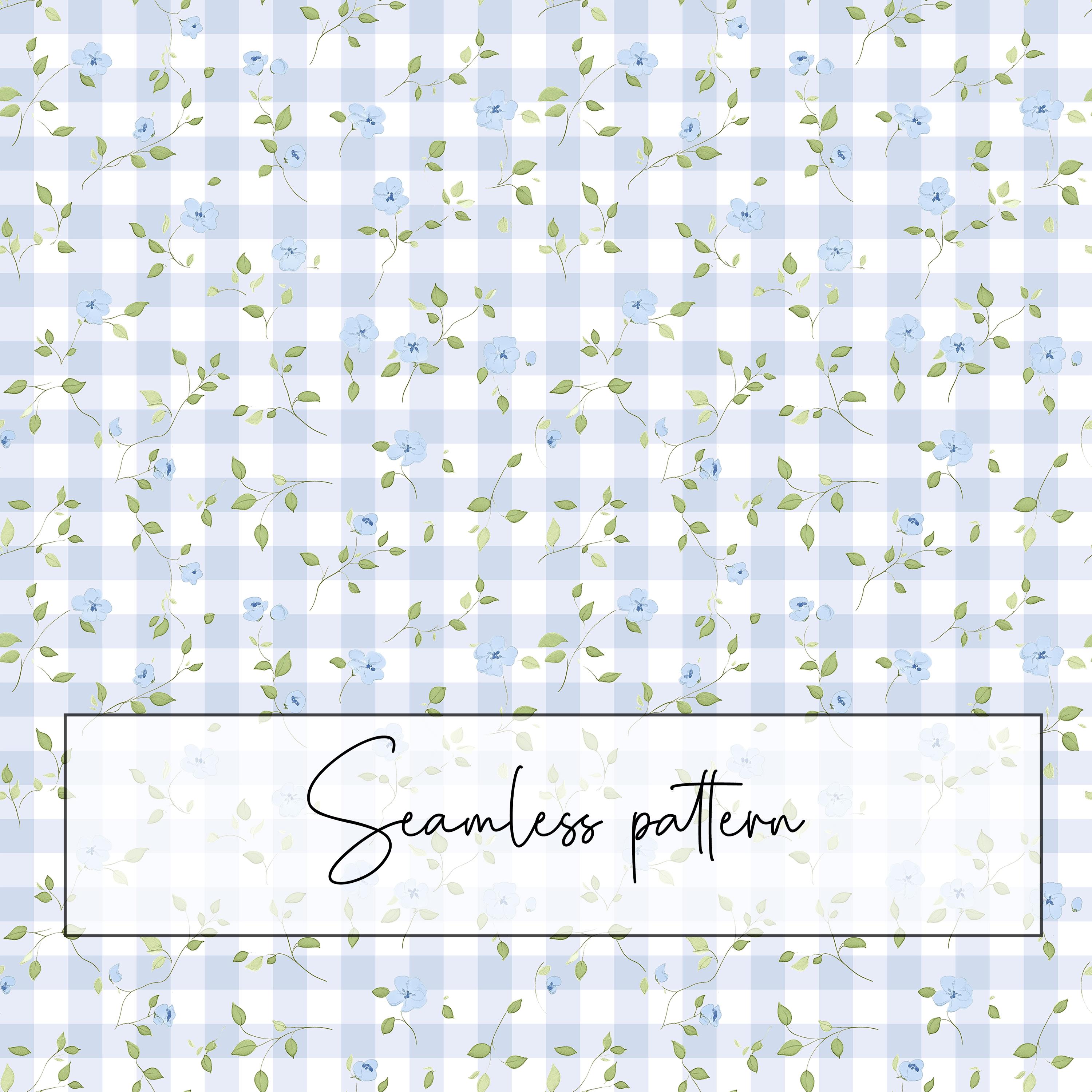 Light Blue Gingham Ditsy Flowers Seamless Pattern, Pastel Blue Floral ...