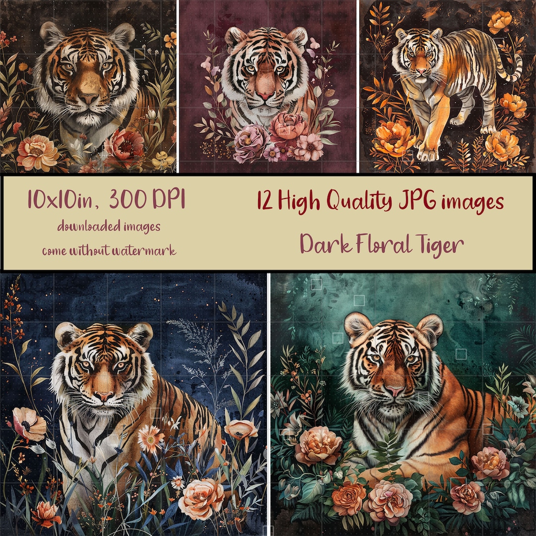 Dark Floral Tiger Bundle of 12 JPG Images, Tiger With Flowers Art ...