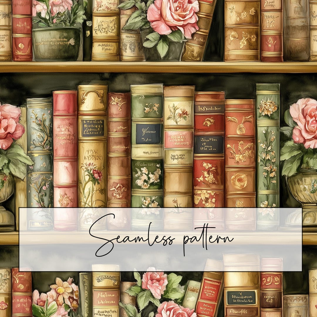 Old Vintage Style Books Seamless Pattern, Roses, Flowers, Victorian ...