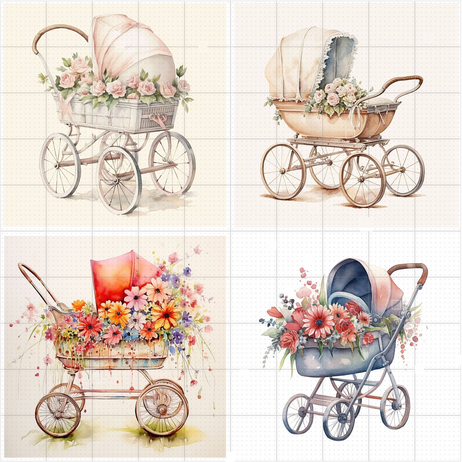 Floral Baby Stroller Bundle of 12 JPG Images, Vintage Baby Pram With ...