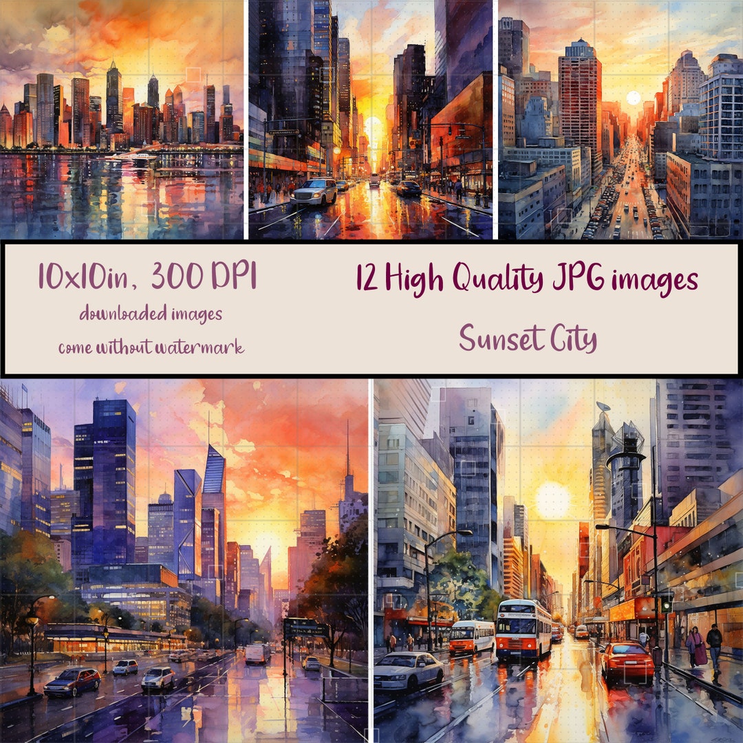 City Sunset, Bundle of 12 JPG Clipart, Watercolor Evening City Street ...
